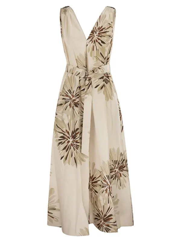 Brunello Cucinelli Long Cotton Dress With Floral Print And Matching Belt - Multicolor