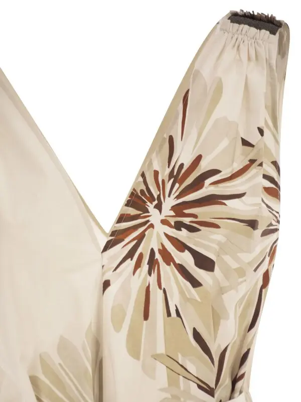 Brunello Cucinelli Long Cotton Dress With Floral Print And Matching Belt