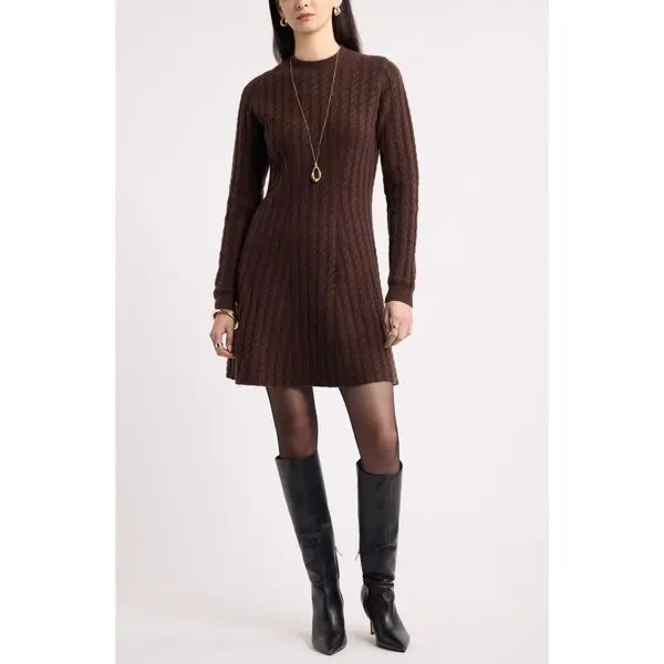 Nordstrom Cable Stitch Long Sleeve Minidress - Brown Mole