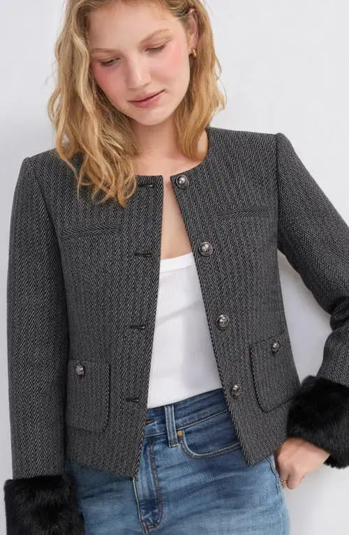 LIVERPOOL Herringbone Jacket With Faux Fur Cuffs