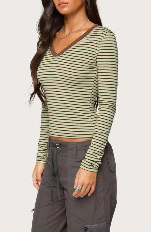 EDIKTED Yania Striped Long Sleeve V-neck Top - Mint-and-brown
