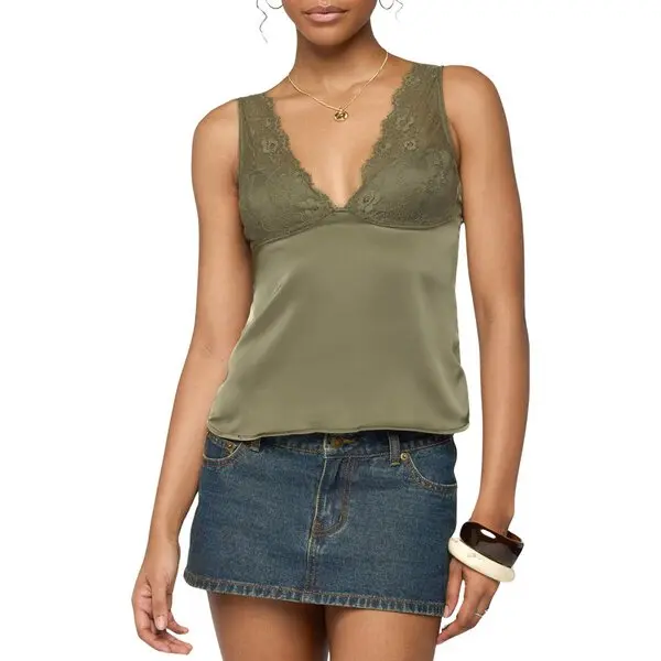EDIKTED Vikkey Lace Trim Satin Tank - Olive