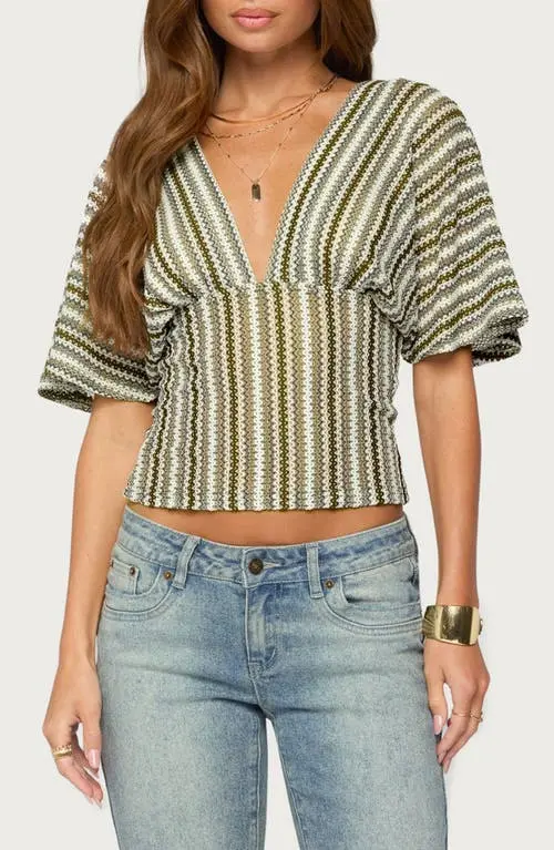EDIKTED Alwyn Flutter Sleeve Zigzag Stripe Top - Brown