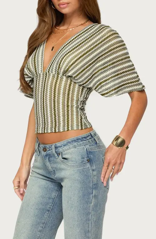 EDIKTED Alwyn Flutter Sleeve Zigzag Stripe Top - Brown