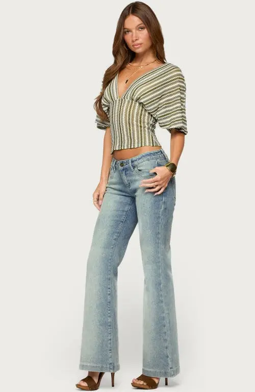 EDIKTED Alwyn Flutter Sleeve Zigzag Stripe Top - Brown