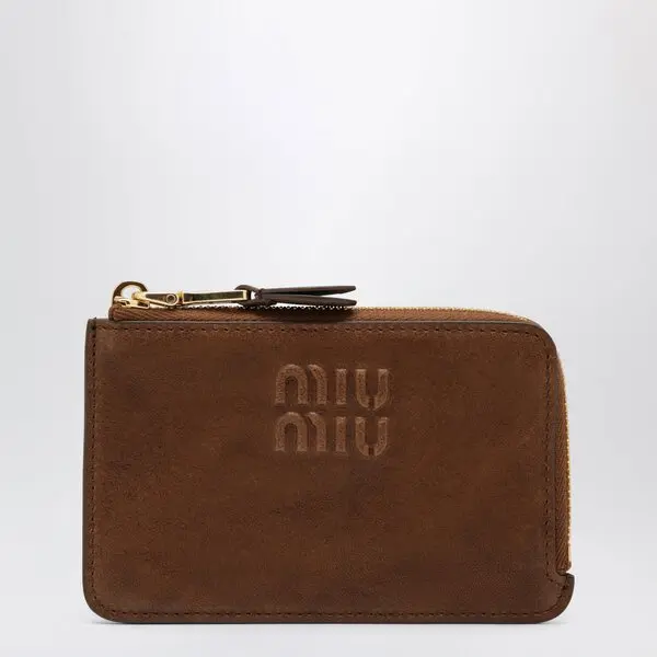 Miu Miu Rovere Zip Card Holder In Leather - Brown