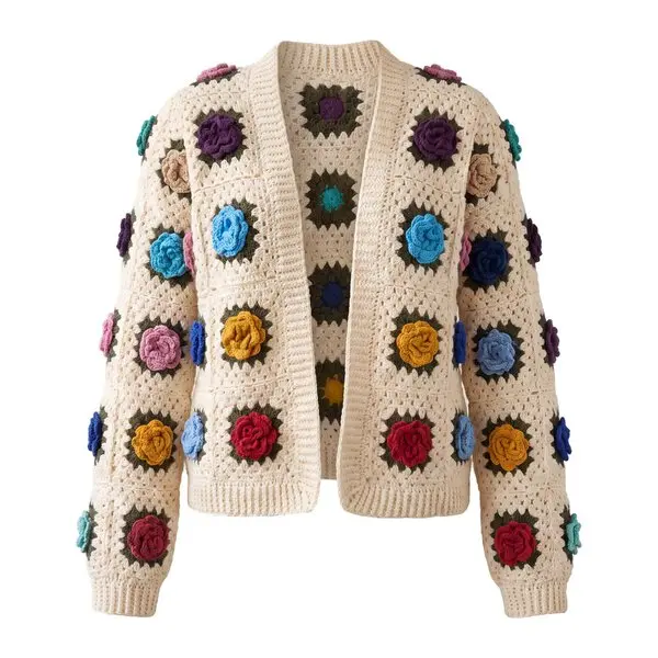ANA CHIC Crochet Rose Handmade Cardigan In Cream
