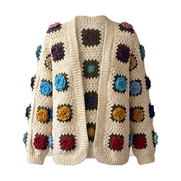 ANA CHIC Crochet Rose Handmade Cardigan In Cream - White