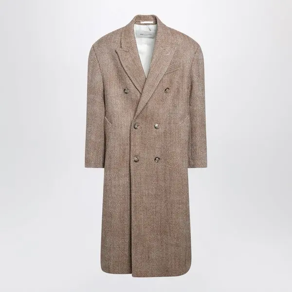 AMI Paris Long And Ivory Herringbone Wool Coat