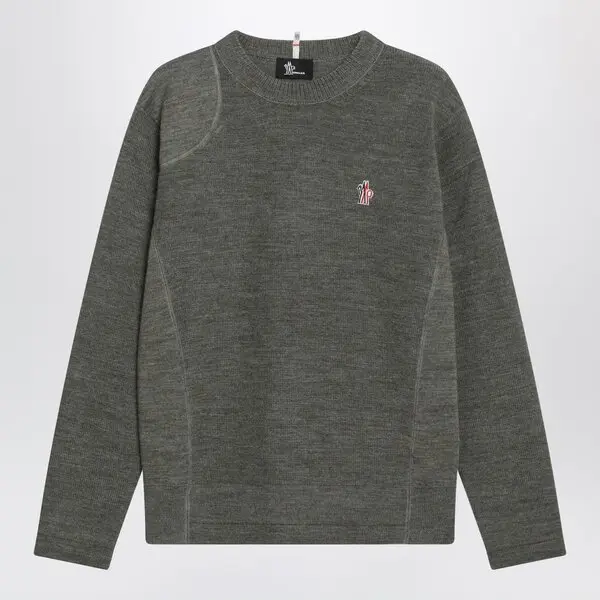 Moncler Grey Wool Sweater With Logo Patch - Gray