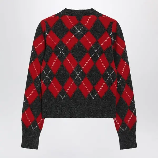 AMI Paris Red/grey Argyle-pattern Cardigan In Wool