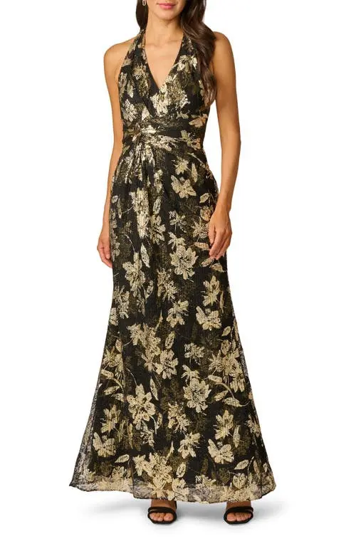 Adrianna Papell Metallic Lace Shirred Halter Gown