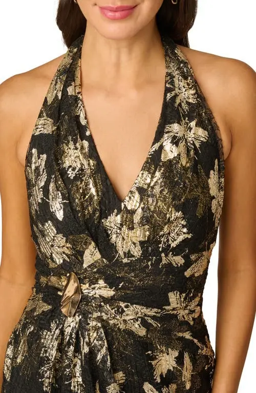 Adrianna Papell Metallic Lace Shirred Halter Gown