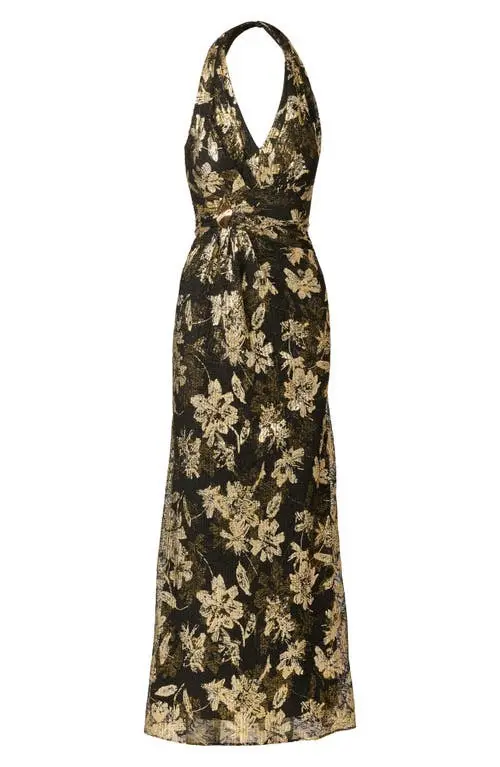 Adrianna Papell Metallic Lace Shirred Halter Gown
