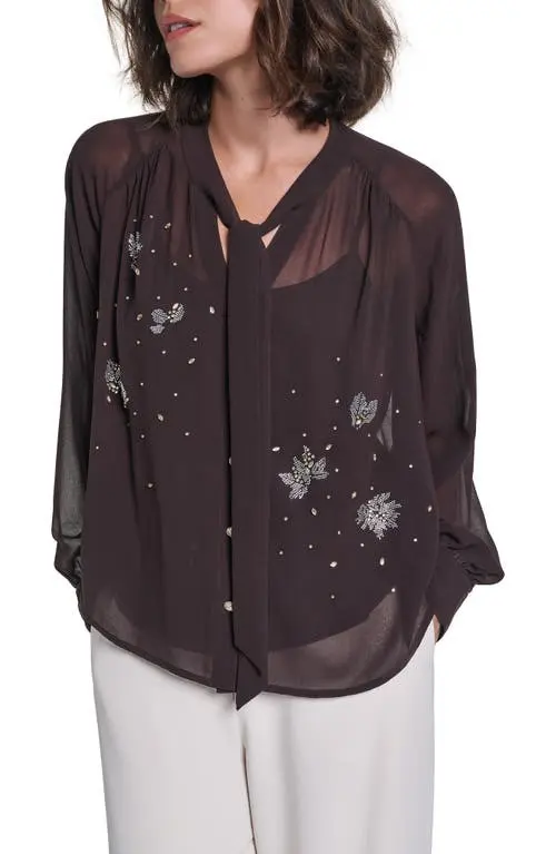 Karl Lagerfeld Paris Beaded Chiffon Top With Tie Neck