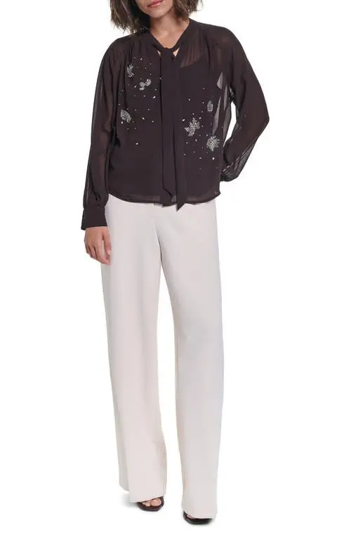 Karl Lagerfeld Paris Beaded Chiffon Top With Tie Neck