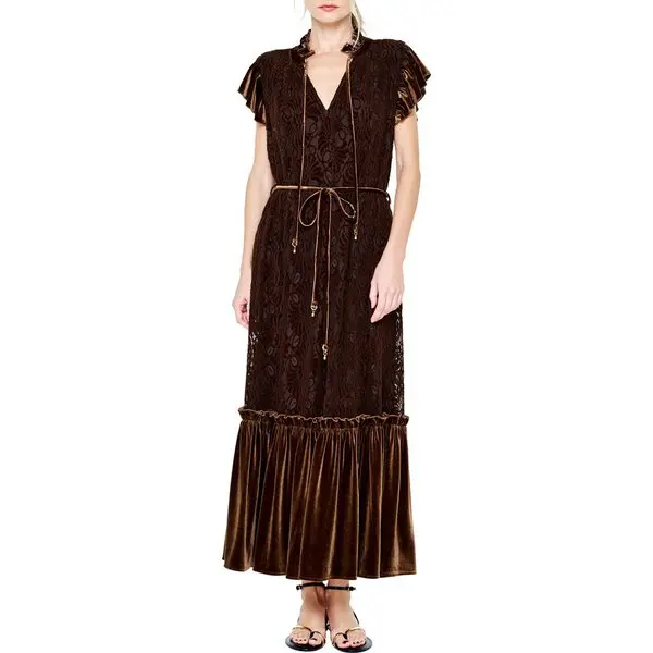CIEBON Hilma Velvet Trim Lace Maxi Dress