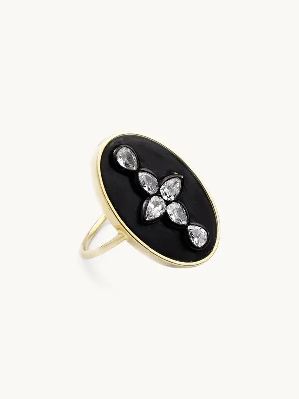 FD GALLERY Contemporary Gold And Diamond-inlaid Black Oval Ring