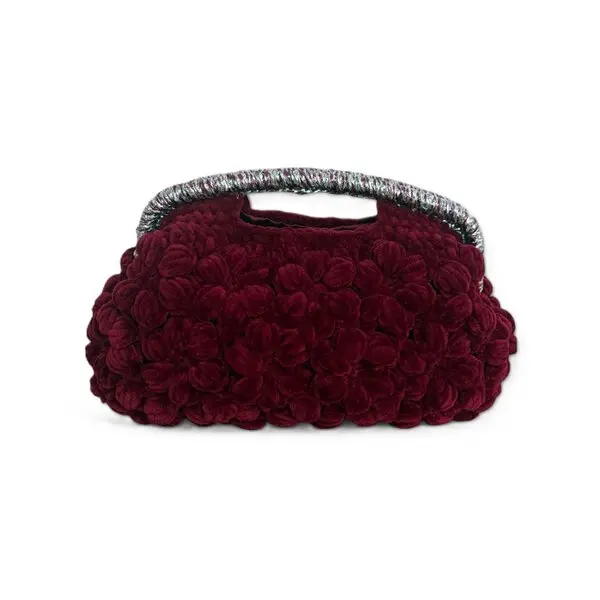 SPRINGMOONATELIER Handmade Burgundy Velvet Crochet Handbag – Metallic Handle Evening Bag