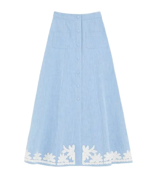 Valentino Garavani Embroidered Denim Midi Skirt - Blue