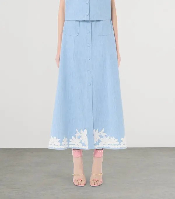 Valentino Garavani Embroidered Denim Midi Skirt
