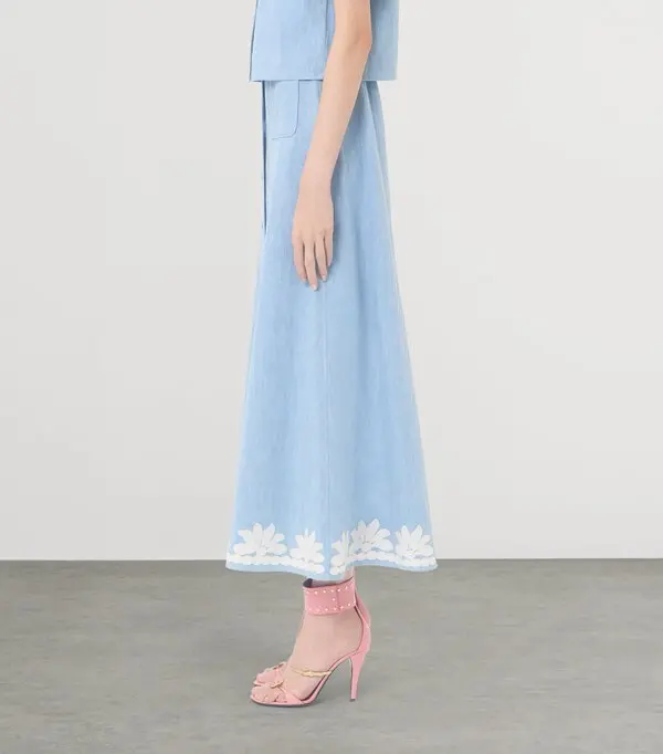 Valentino Garavani Embroidered Denim Midi Skirt