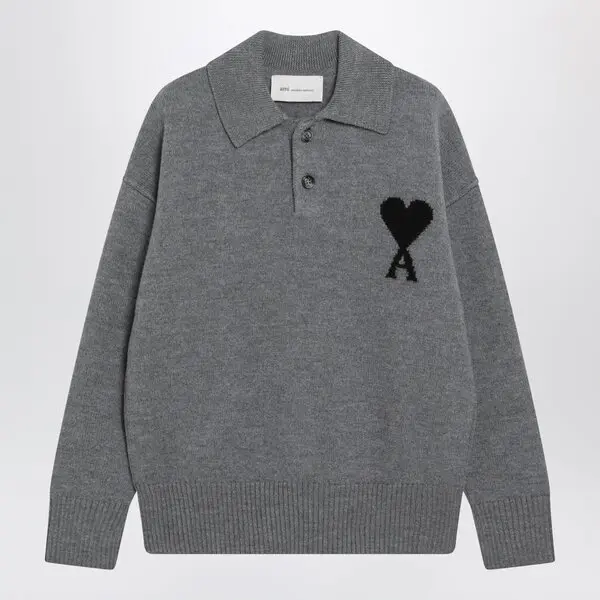 AMI Paris Grey De Coeur Polo Sweater In Wool - Gray