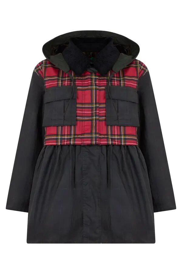 Barbour Waxed Cotton Rain Jacket With Peplum Detail And Tartan Accents - Black