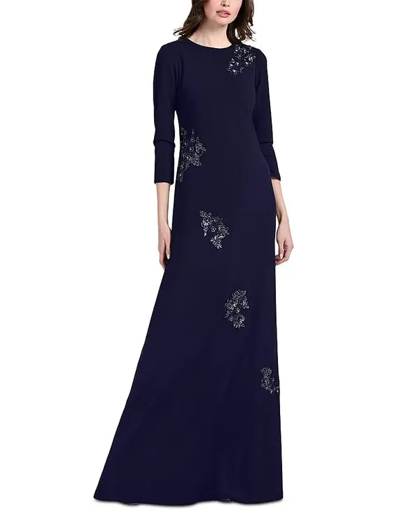 EMILY SHALANT Beaded Flower Stretch Crepe Gown - Navy