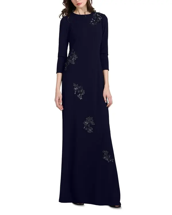 EMILY SHALANT Beaded Flower Stretch Crepe Gown