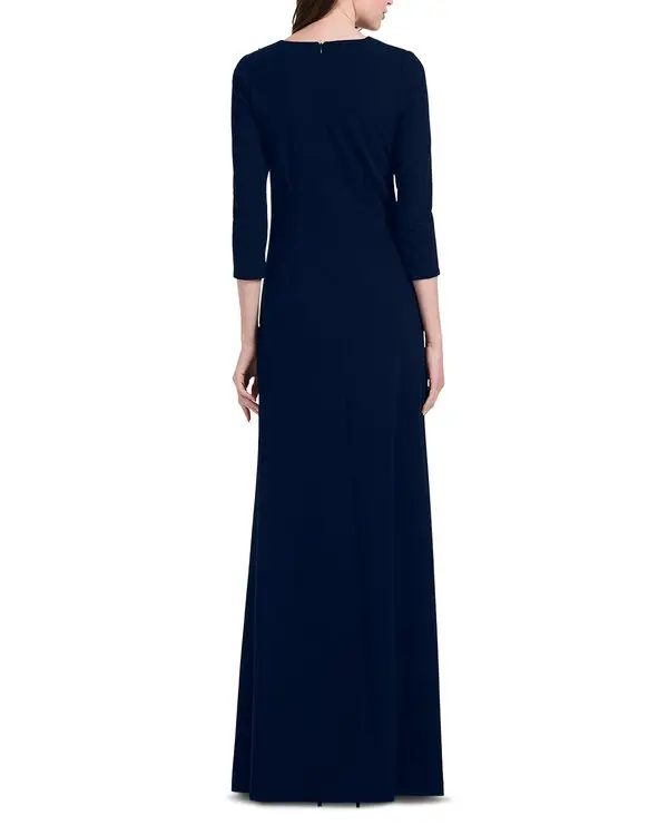 EMILY SHALANT Beaded Flower Stretch Crepe Gown