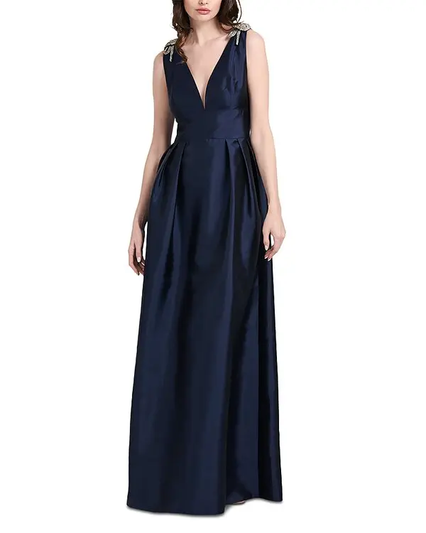 EMILY SHALANT Embellished Faille Deep V Neck Gown - Navy