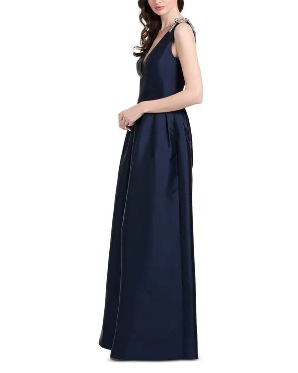 EMILY SHALANT Embellished Faille Deep V Neck Gown