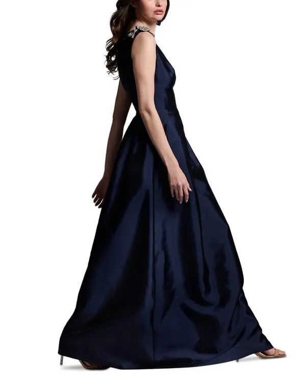 EMILY SHALANT Embellished Faille Deep V Neck Gown