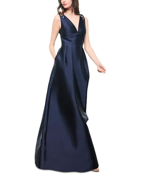 EMILY SHALANT Embellished Faille Deep V Neck Gown