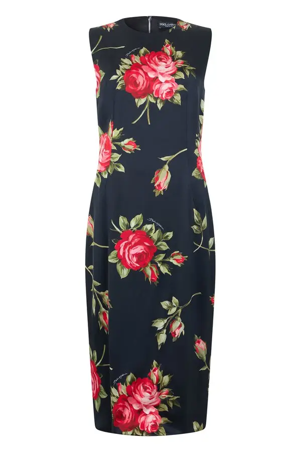 Dolce & Gabbana Floral Fitted Sleeveless Midi Dress - Black
