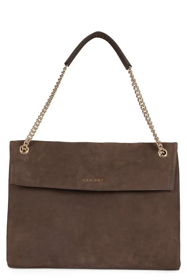 Orciani Nubuck Leather Shoulder Handbag With Chain Strap And Flap Closure - Brown
