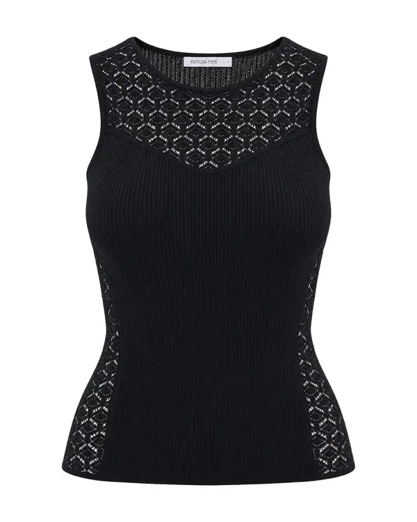 Patrizia Pepe Sleeveless Lace-detail Knit Top - Nero