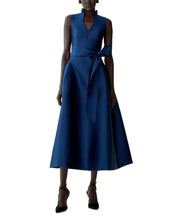 Carolina Herrera Stand Collar V Neck Tie Waist Dress