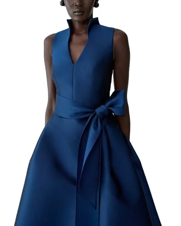 Carolina Herrera Stand Collar V Neck Tie Waist Dress