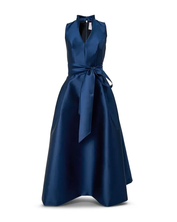 Carolina Herrera Stand Collar V Neck Tie Waist Dress