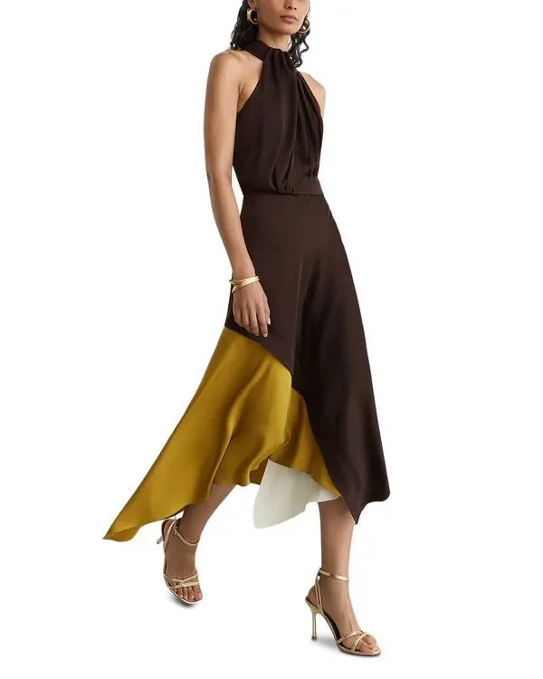 REISS Bianca Satin Color Blocked Dress - Burgundy/green