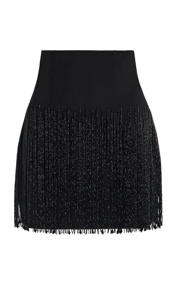 SERGIO HUDSON Hand-embroidered Fringed Stretch Crepe Mini Skirt