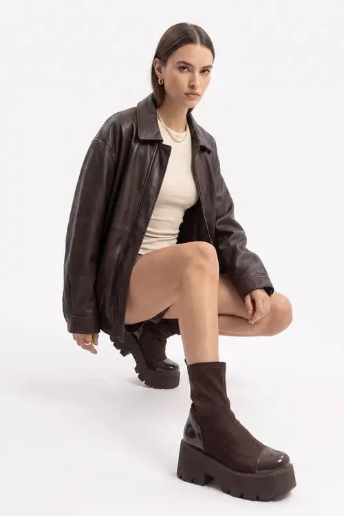 PROLOGUE SHOES Jadelina Scuba Platform Sock Boot - Brown