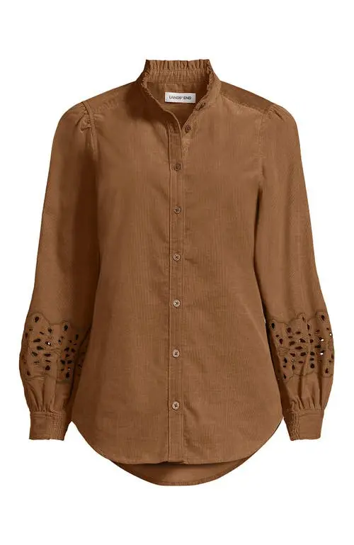 LANDS' END Eyelet Sleeve Pinwale Corduroy Shirt - Maple Toffee