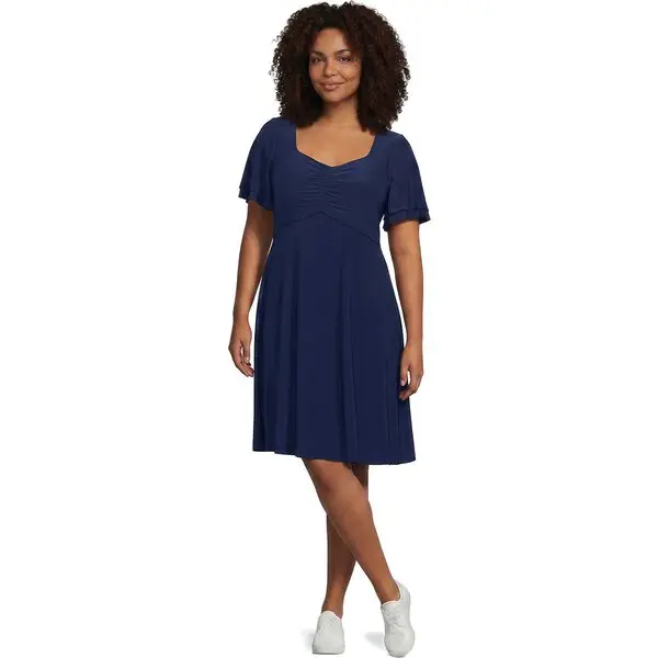 LANDS' END Silky Knit V-neck Flutter Sleeve Knee Length Dress - Deep Sea Navy