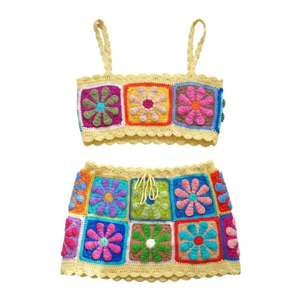 ANA CHIC Flower Granny Square Handmade Crochet Top And Skirt Set