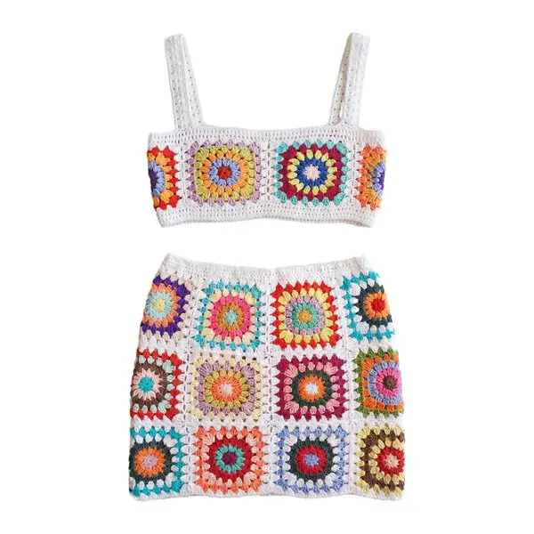 ANA CHIC Mosaic Handmade Crochet Top And Skirt Set - White