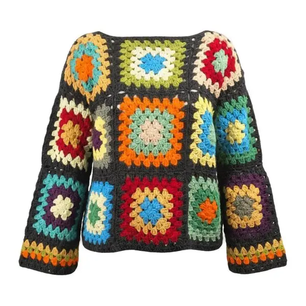 ANA CHIC Charcoal Trim Granny Square Handmade Crochet Jumper