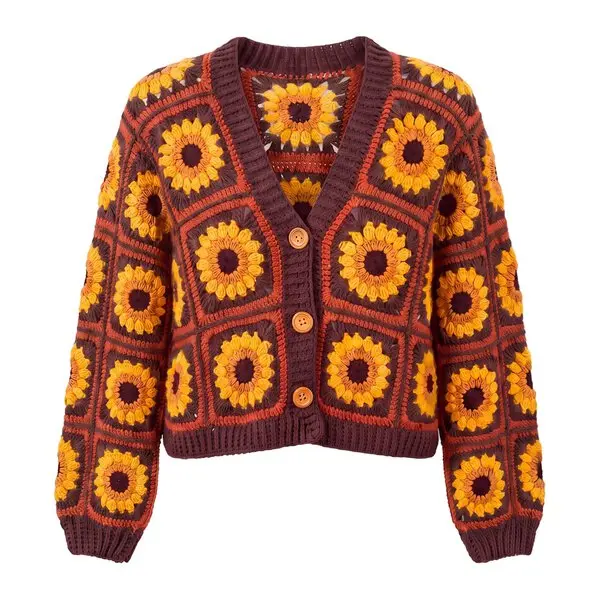 ANA CHIC Chocolate Sunflower Granny Square Handmade Crochet Cropped Cardigan